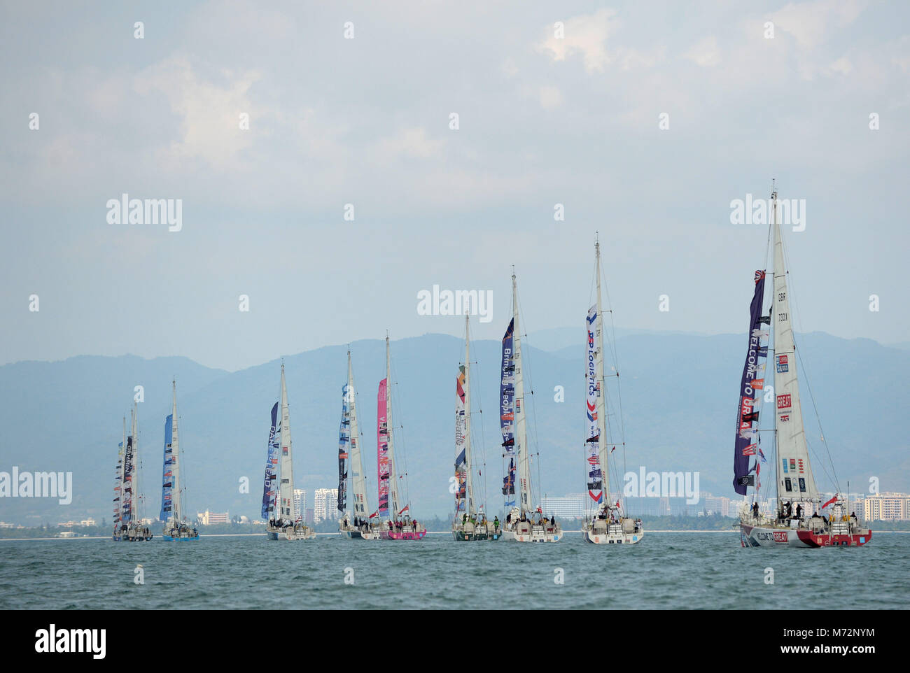 Clipper 70 yachts are seen competing as they depart Hainan on the start ...