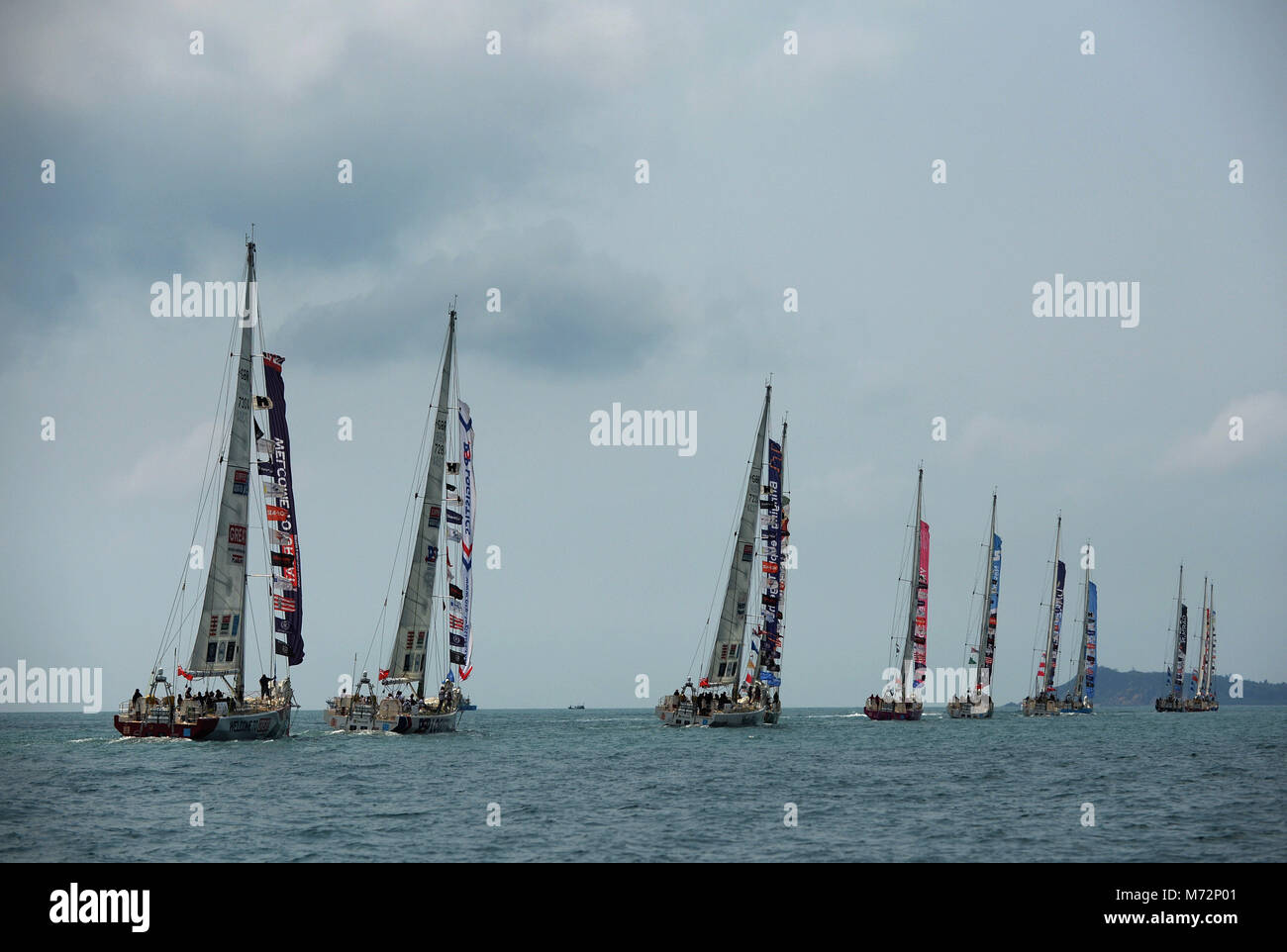 Clipper 70 yachts are seen competing as they depart Hainan on the start ...