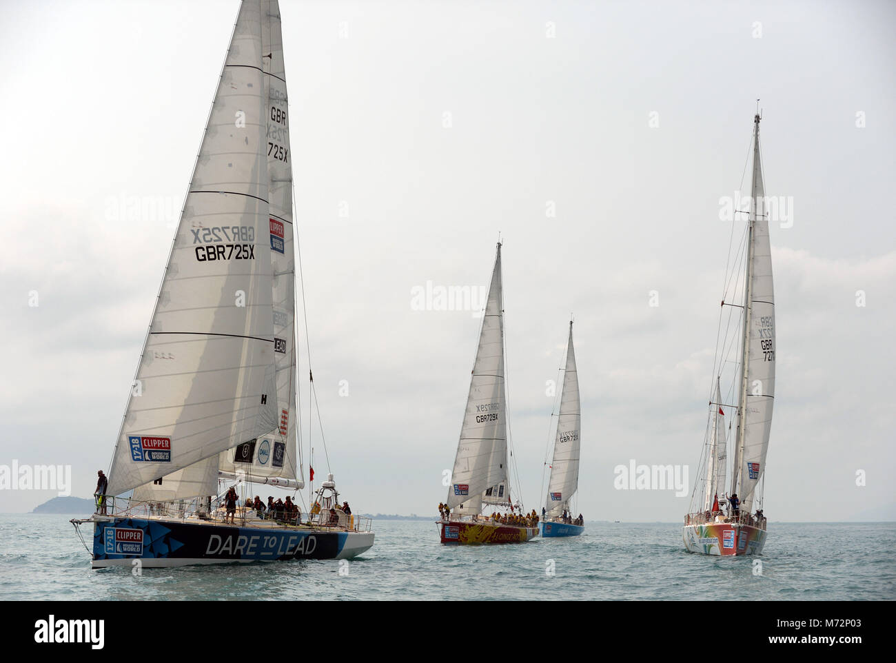 Clipper 70 yachts are seen competing as they depart Hainan on the start ...