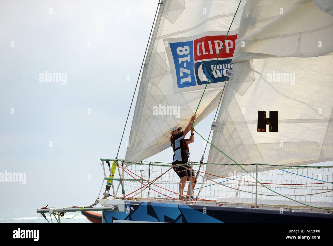 Clipper 70 yachts are seen competing as they depart Hainan on the start ...