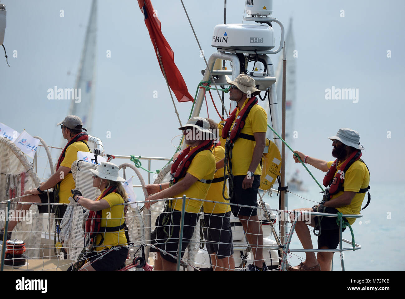 Clipper 70 yachts are seen competing as they depart Hainan on the start ...
