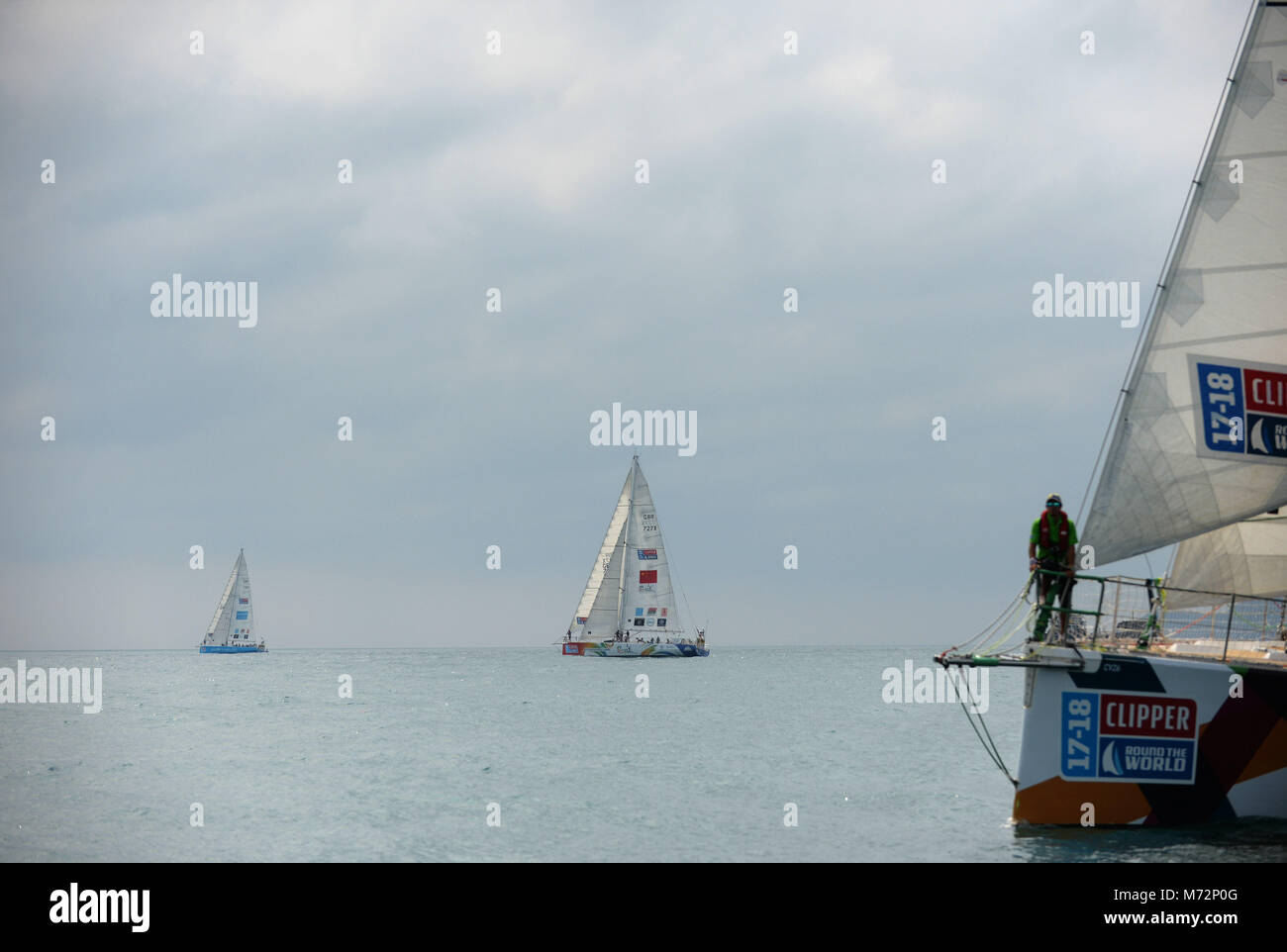 Clipper 70 yachts are seen competing as they depart Hainan on the start ...