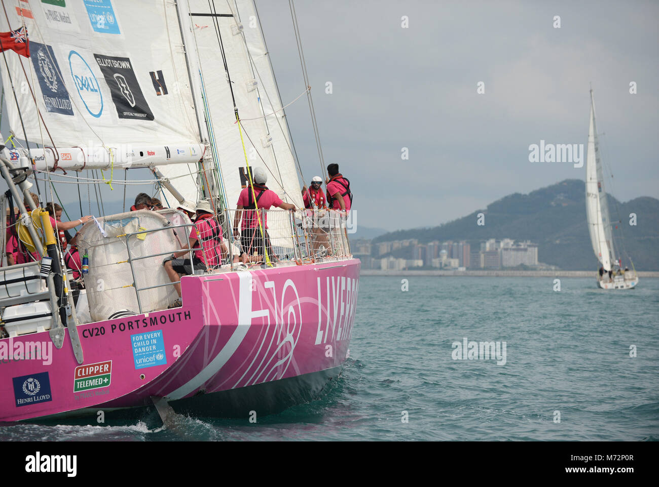 Clipper 70 yachts are seen competing as they depart Hainan on the start ...