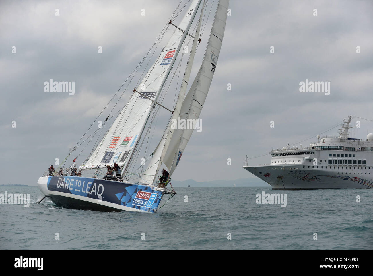 Clipper 70 yachts are seen competing as they depart Hainan on the start ...