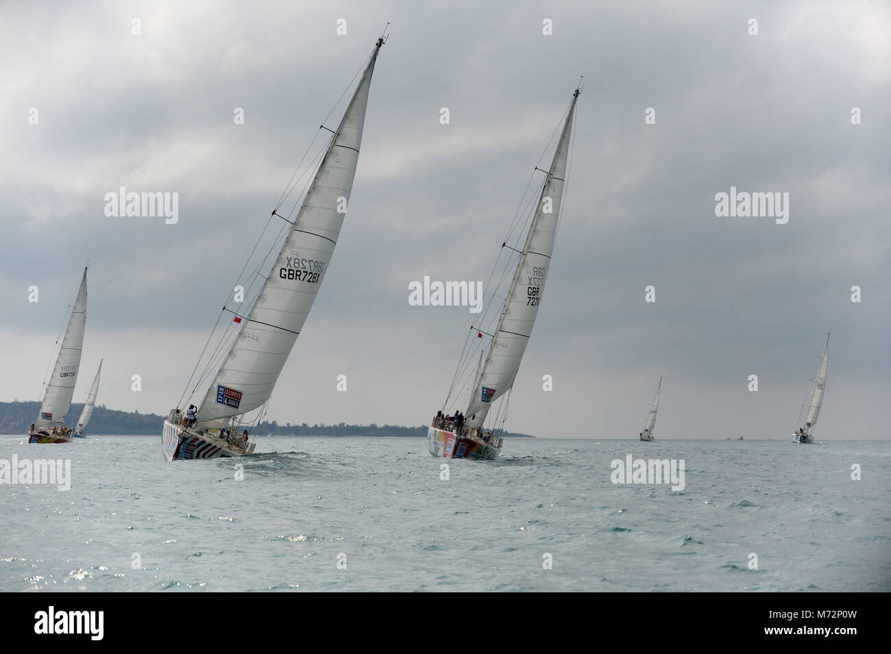 Clipper 70 yachts are seen competing as they depart Hainan on the start ...