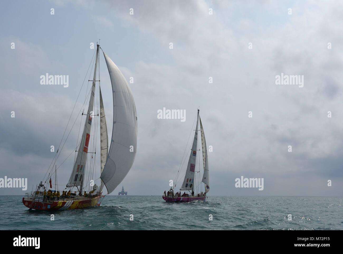 Clipper 70 yachts are seen competing as they depart Hainan on the start ...