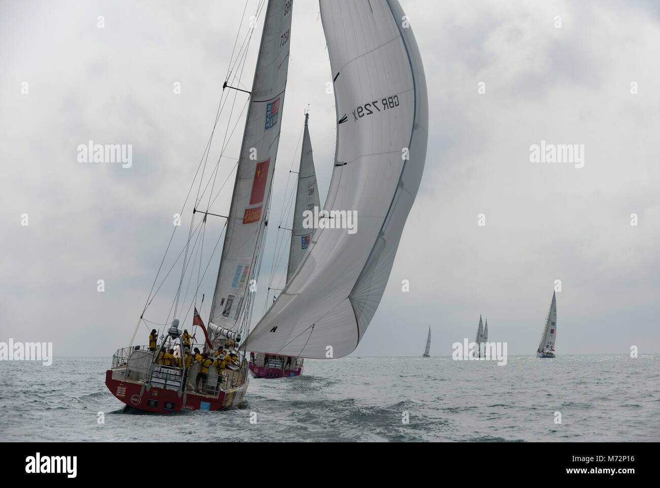 Clipper 70 yachts are seen competing as they depart Hainan on the start ...