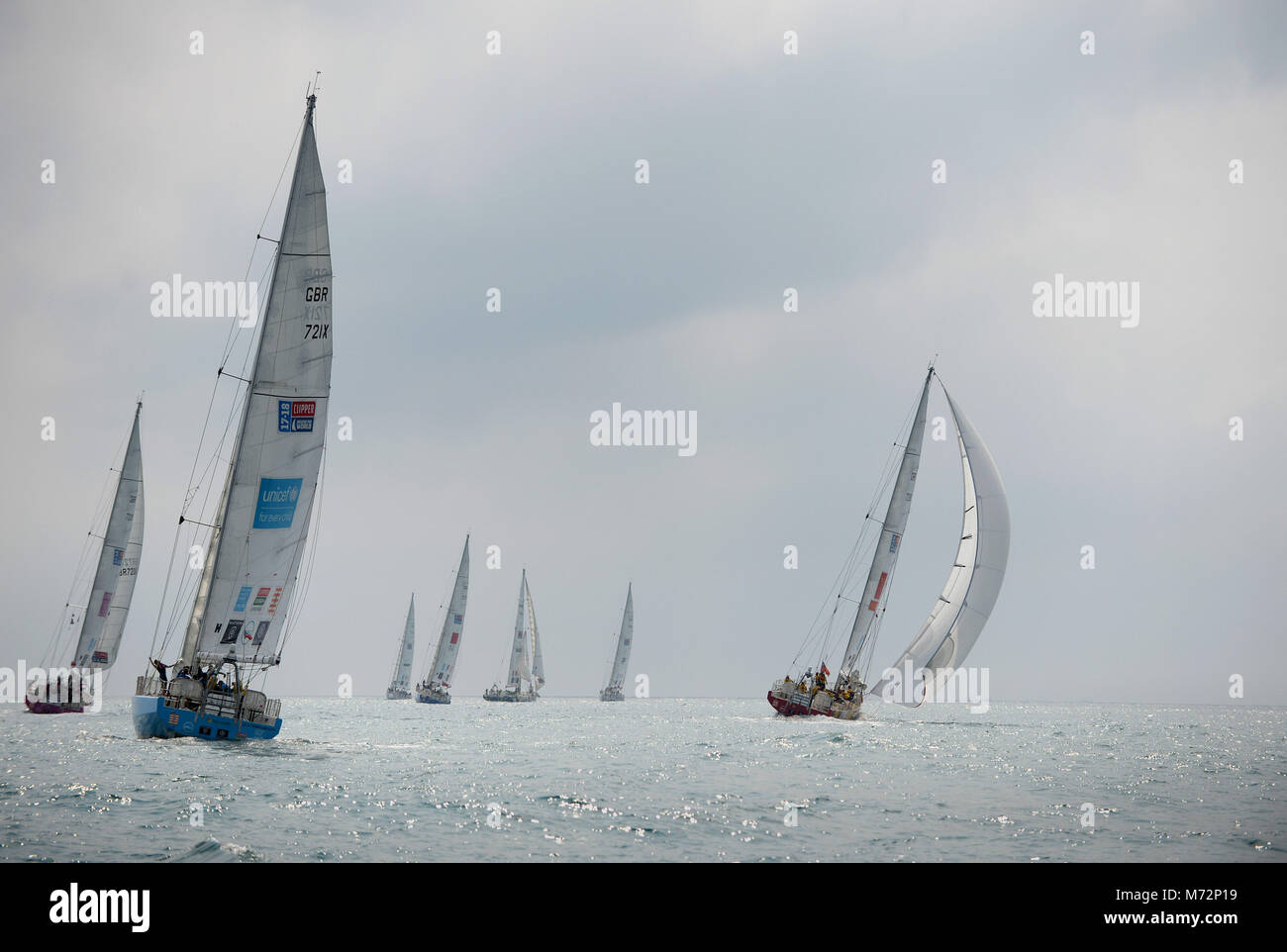 Clipper 70 yachts are seen competing as they depart Hainan on the start ...