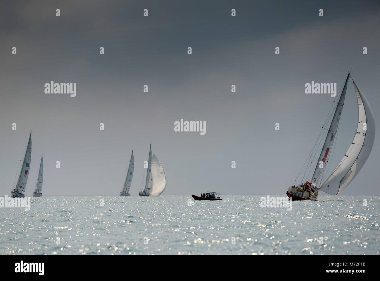 Clipper 70 yachts are seen competing as they depart Hainan on the start ...