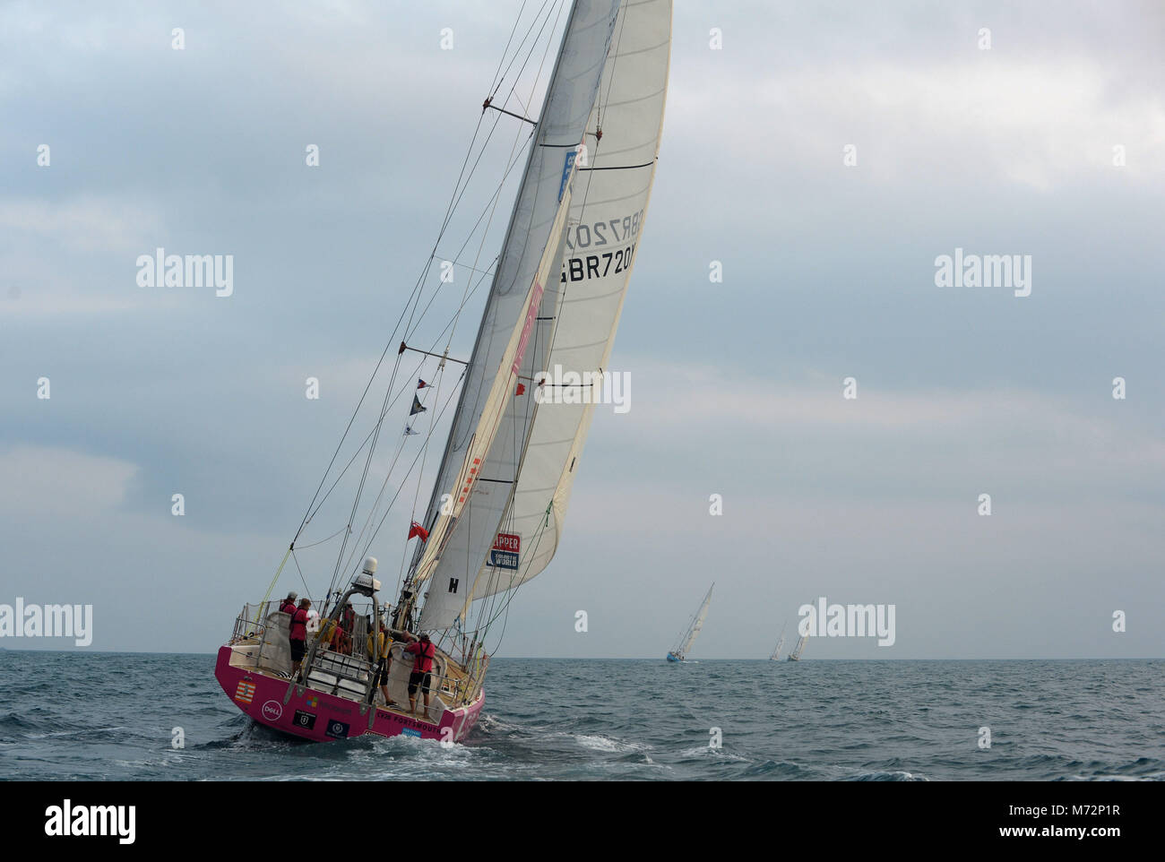 Clipper 70 yachts are seen competing as they depart Hainan on the start ...