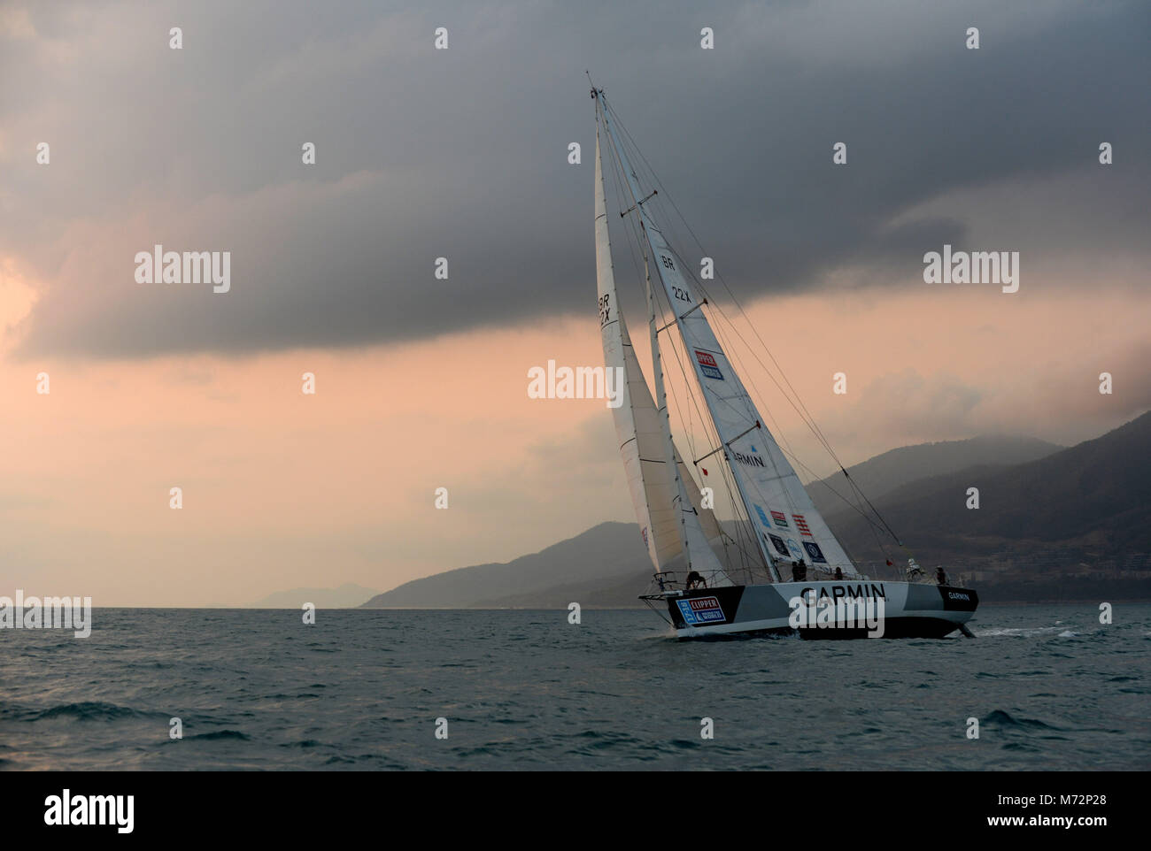 Clipper 70 yachts are seen competing as they depart Hainan on the start ...