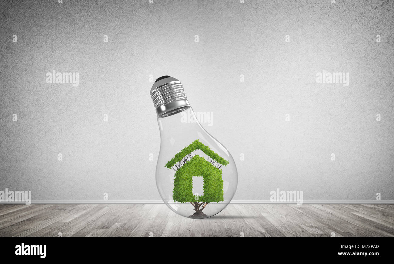 Glass lightbulb with green natural home inside in empty room with grey ...