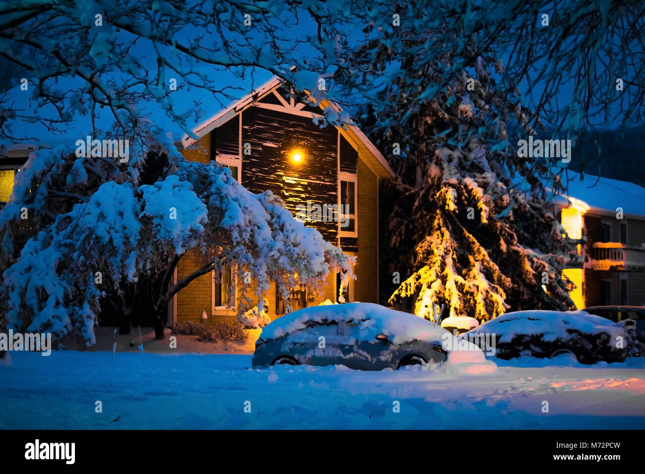 Night village under heavy snow storm country Stock Photo - Alamy