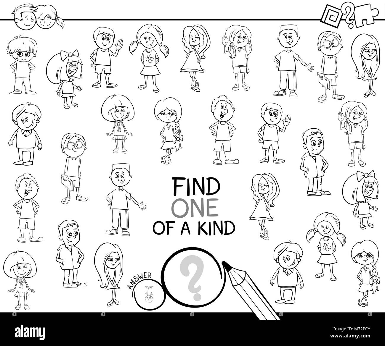 Black and White Cartoon Illustration of Find One of a Kind Picture ...