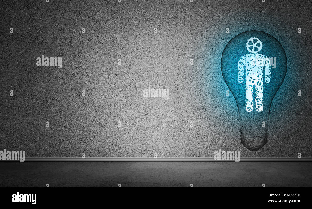 Glass lightbulb with human from gears inside placed in empty room with ...