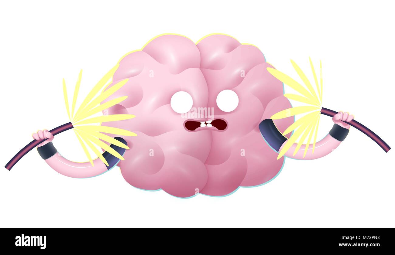 Shocked brain holding two sparking electrical cables cartoon ...