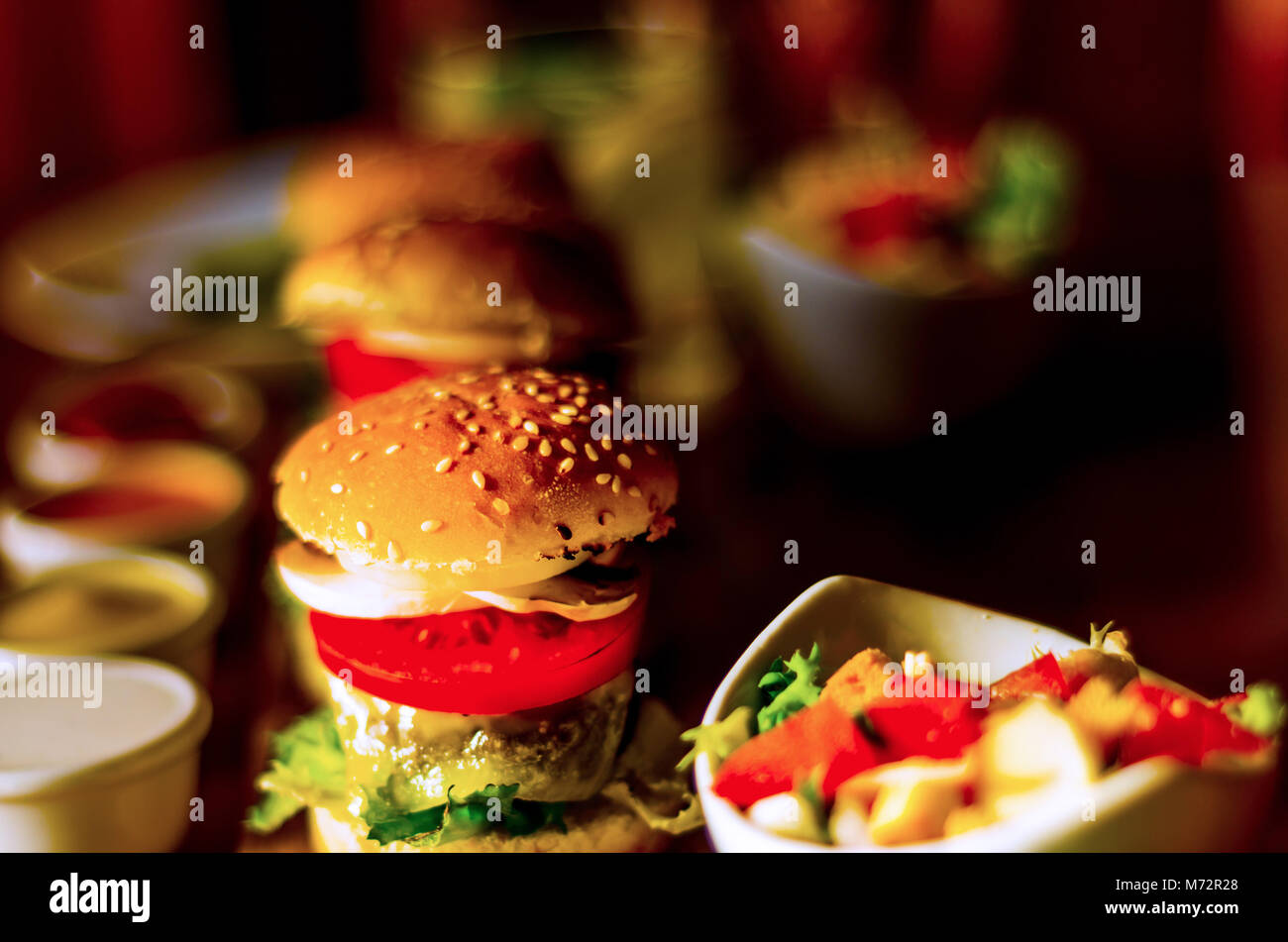 mini burgers with meat, vegetables, cheese and other toppings, bread ...
