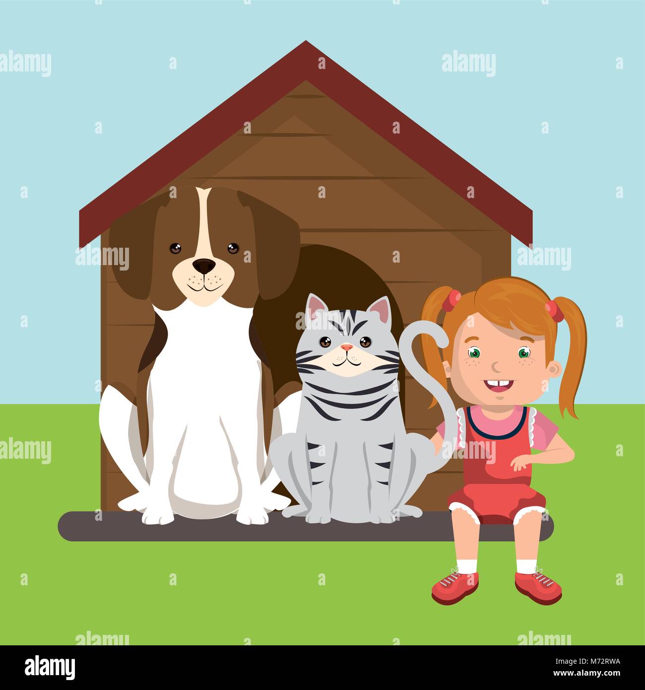 girl with dog and cat characters vector illustration design Stock ...