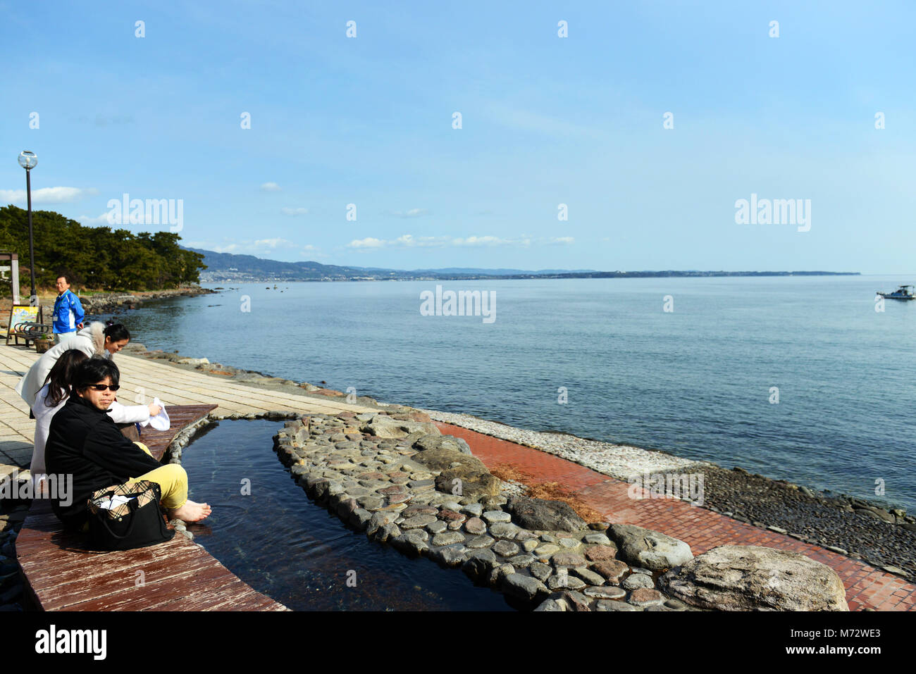 Foot bath by the ocean at Kamegawa onsen by the ocean at Beppu Stock ...