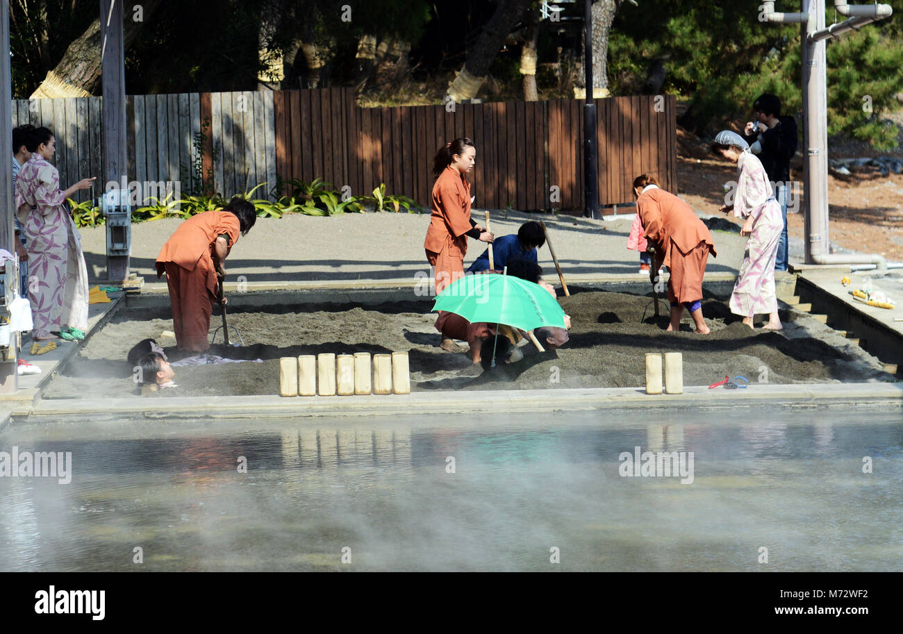 A unique sand bath at Kamegawa onsen by the ocean at Beppu Stock Photo ...