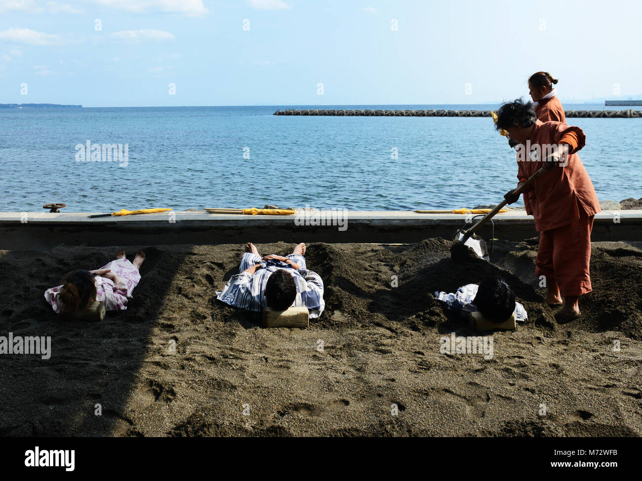 A unique sand bath at Kamegawa onsen by the ocean at Beppu Stock Photo ...