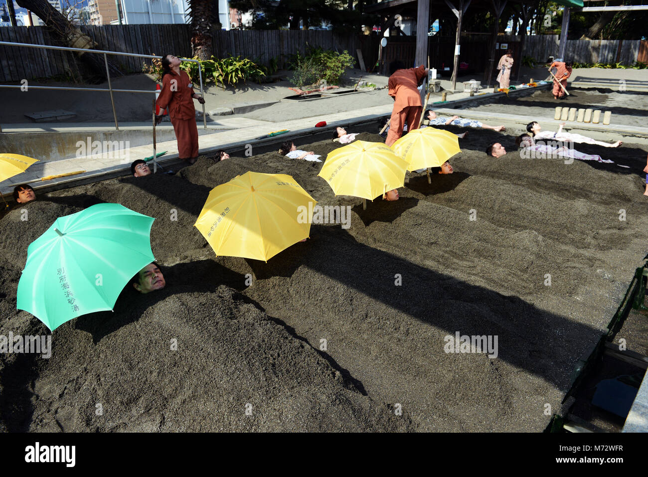A unique sand bath at Kamegawa onsen by the ocean at Beppu Stock Photo ...