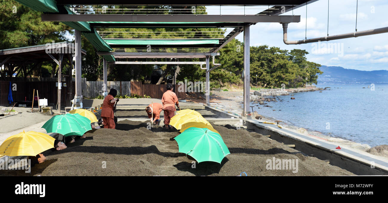 A unique sand bath at Kamegawa onsen by the ocean at Beppu Stock Photo ...