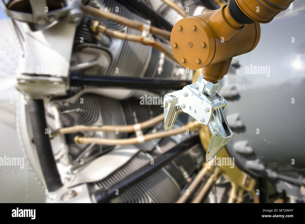 3d rendering robot arm with engine or machine background Stock Photo ...