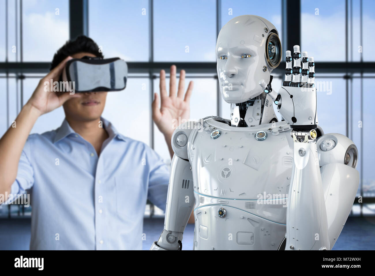 asian man wearing vr headset and control 3d rendering robot Stock Photo ...