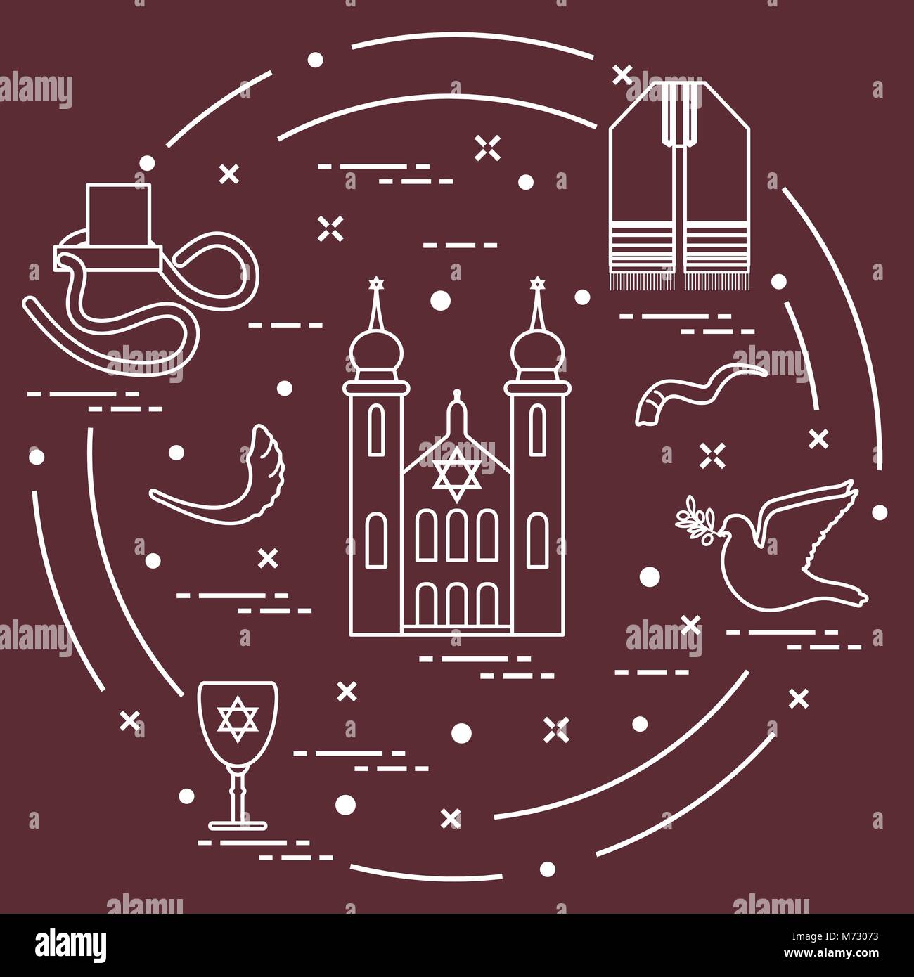 Jewish symbols: tfillin, synagogue, sheep's horn, dove, david's star ...