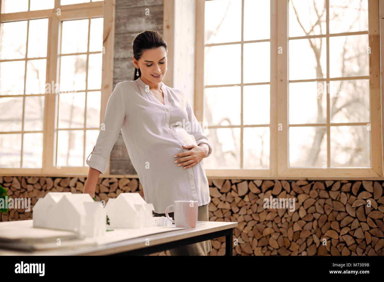 Dreamful pregnant designer completing model Stock Photo - Alamy