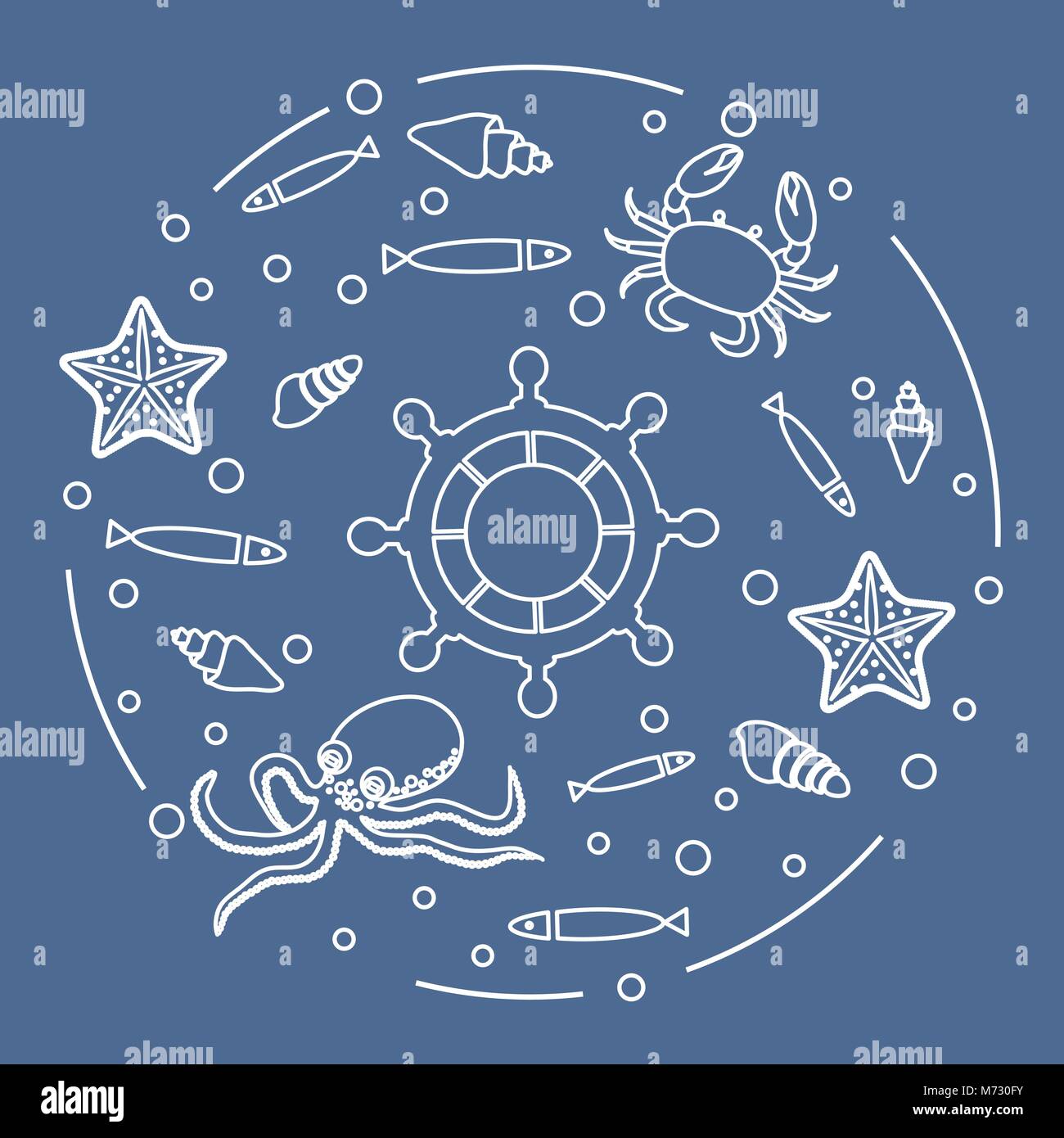 Steering wheel and sea inhabitants: fish, seashells, starfish, crab ...