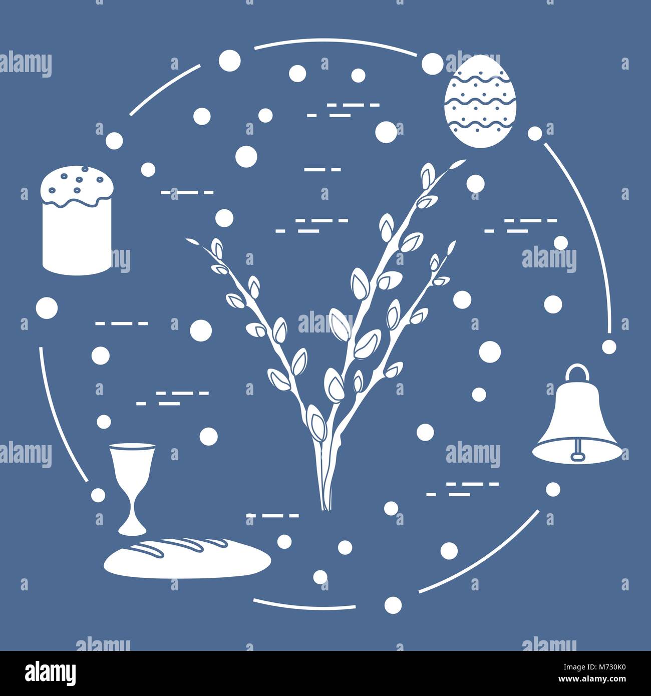 Easter symbols. Easter cake, willow branches, bell, bowl, bread, egg ...