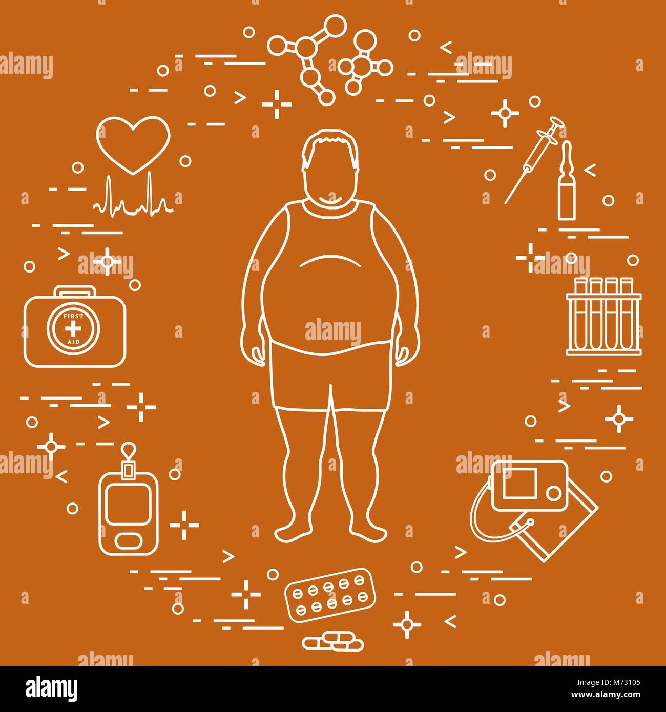 Fat man with medical devices, tools and drugs around him. Health and ...