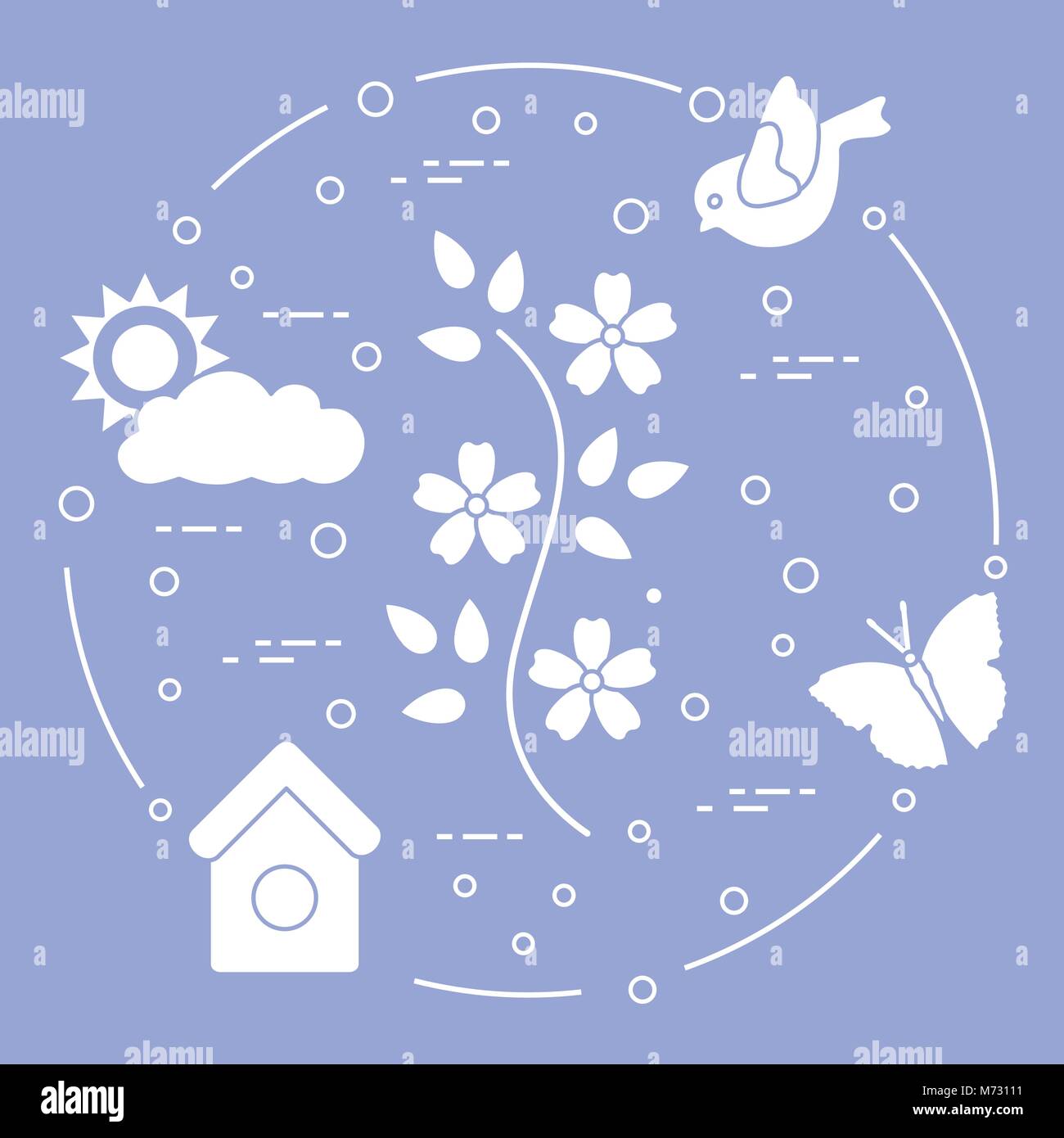 Sun, cloud, bird, flower, butterfly, birdhouse. Spring theme. Template ...