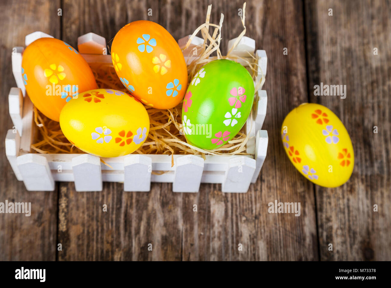 Easter still life with Easter eggs. Easter eggs in a white box. Happy ...