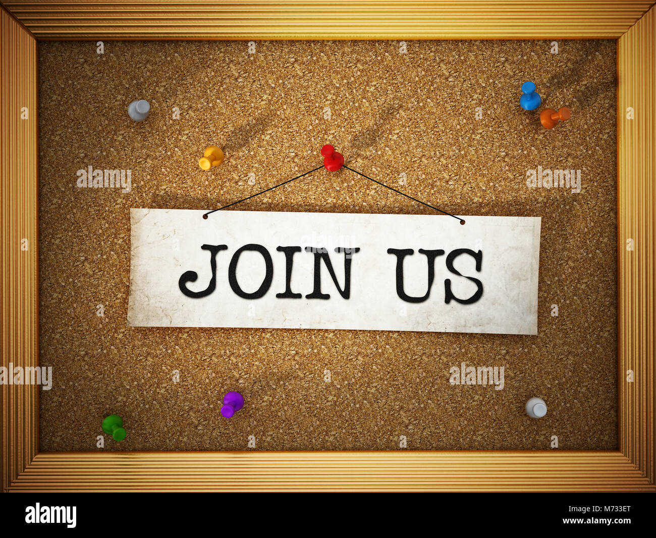 Join us text and paper on corkboard. 3D illustration Stock Photo - Alamy