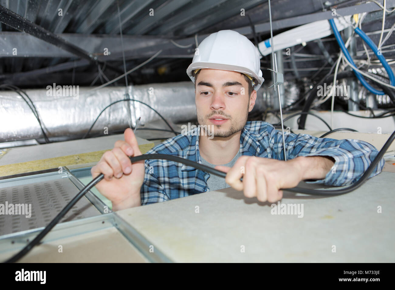 Electrician checking cable Stock Photo - Alamy