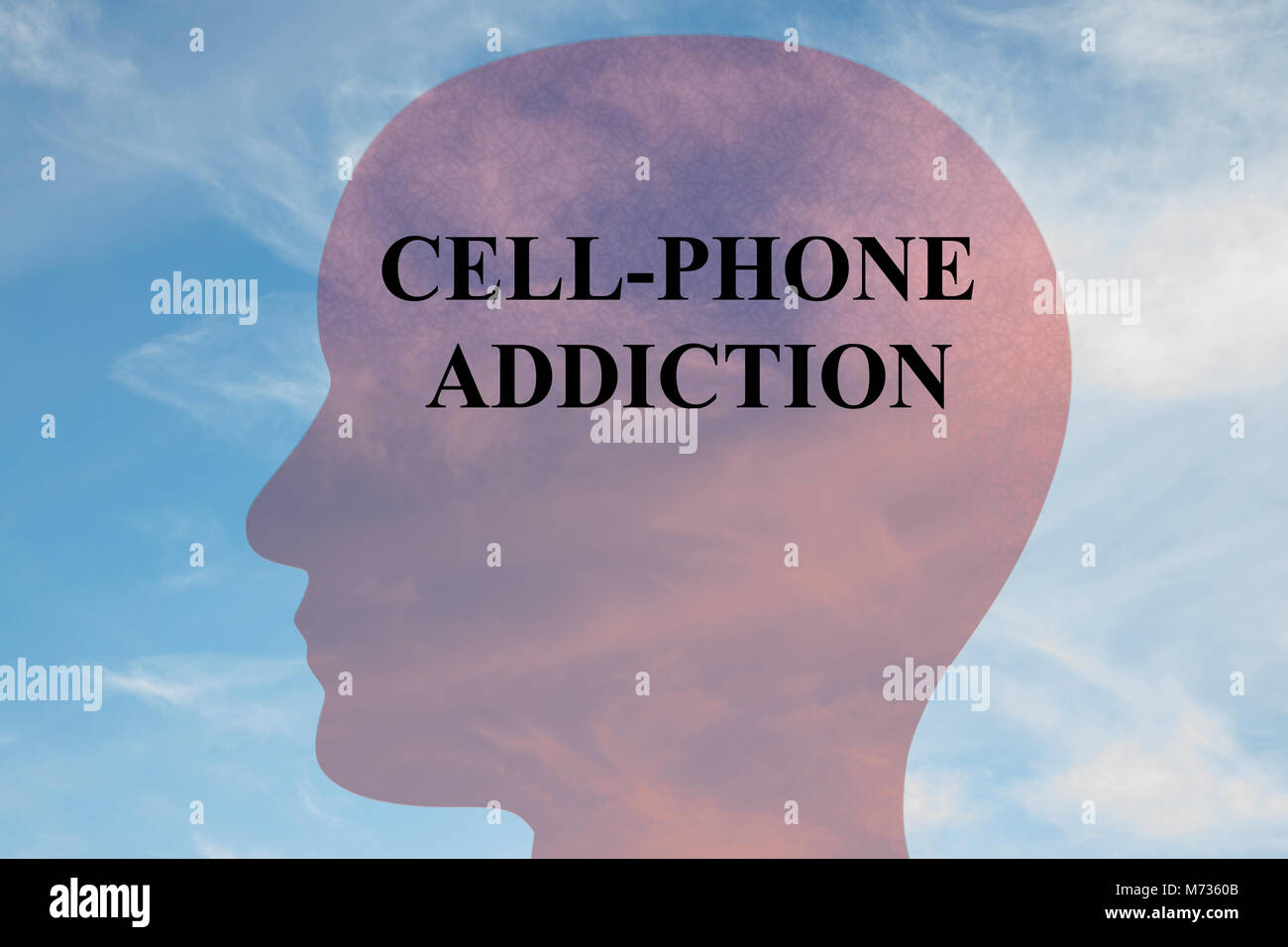 Render illustration of CELL-PHONE ADDICTION title on head silhouette ...