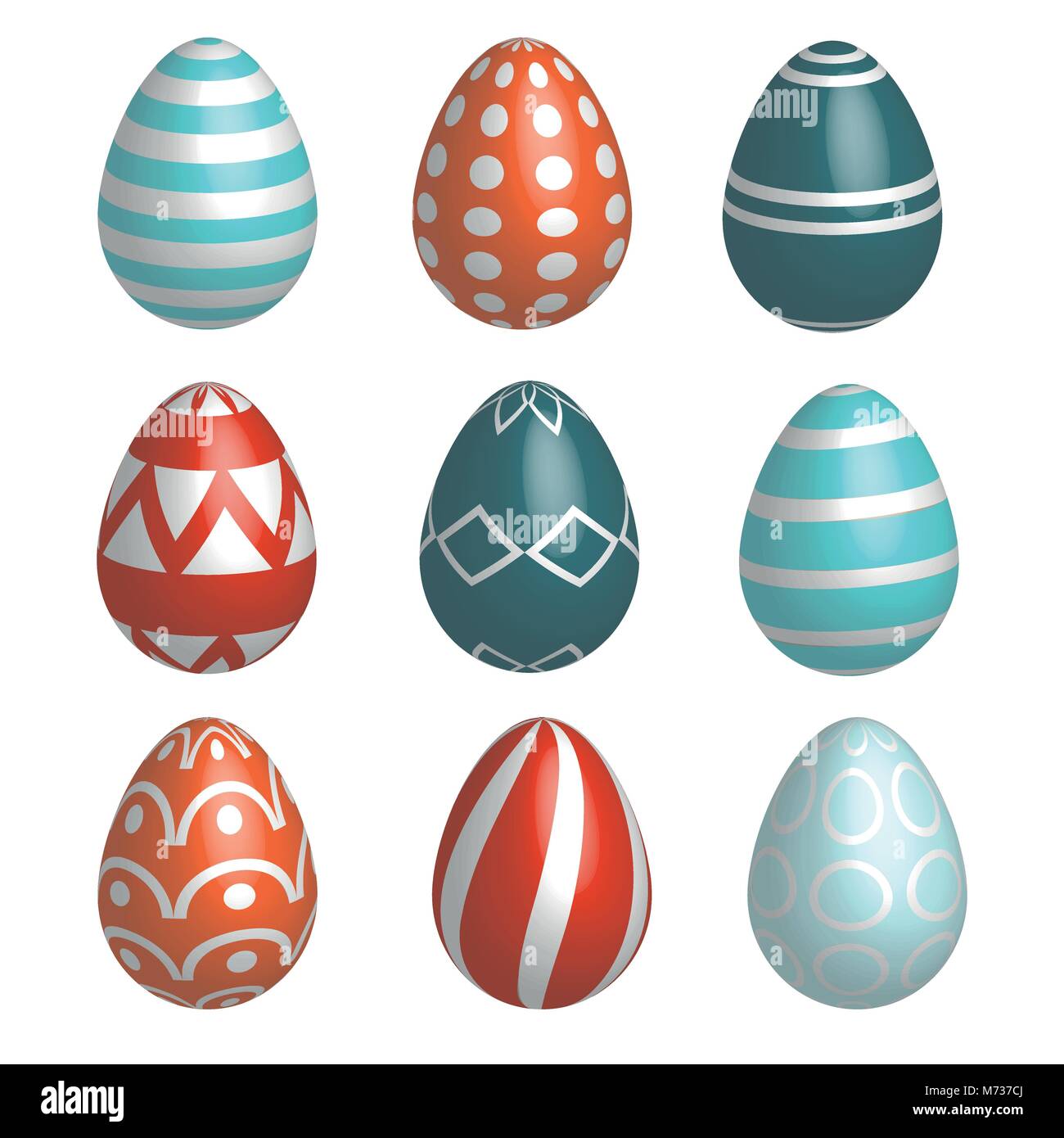Set of nine realistic colorful vector Easter eggs with simple patterns ...