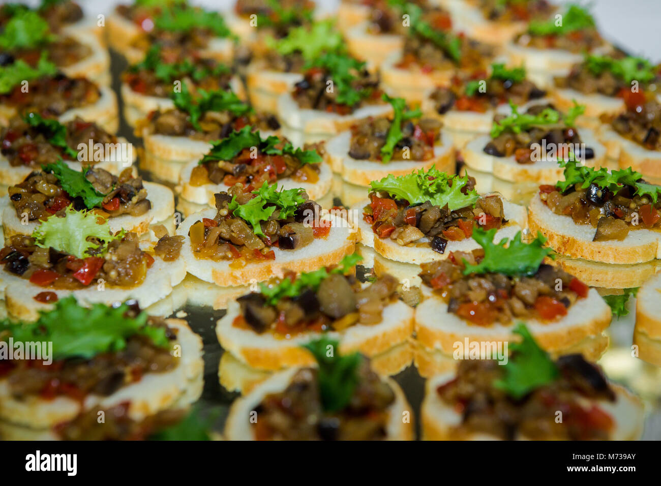 closeup canape set with white bread and vegetable topping arranged in ...