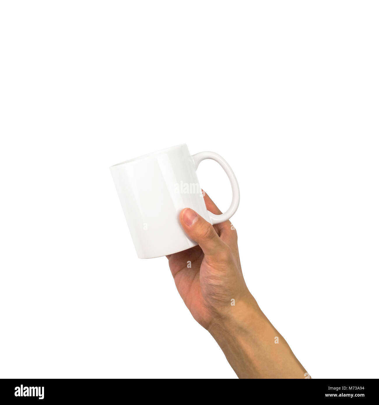 Mug on hand holding up isolated with clipping path Stock Photo - Alamy