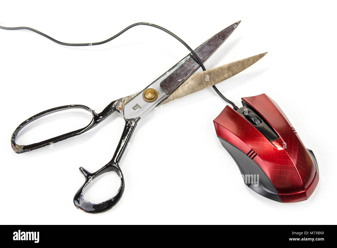 Computer mouse with black cable and scissors. Cut out or wireless ...