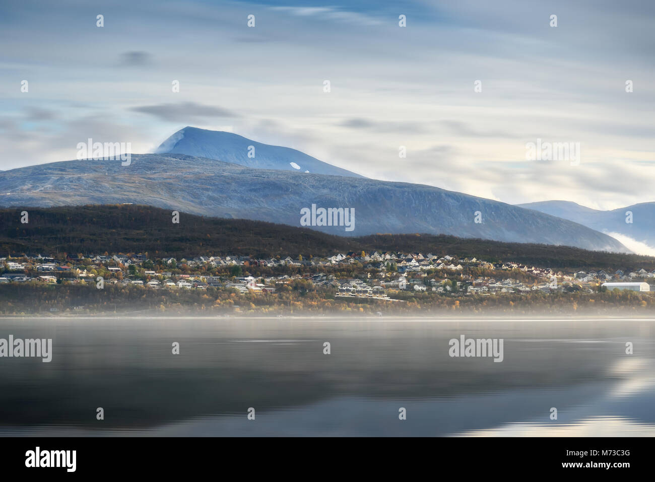 beautiful landscape misty fog over the lake, Tromso, Norway Stock Photo ...