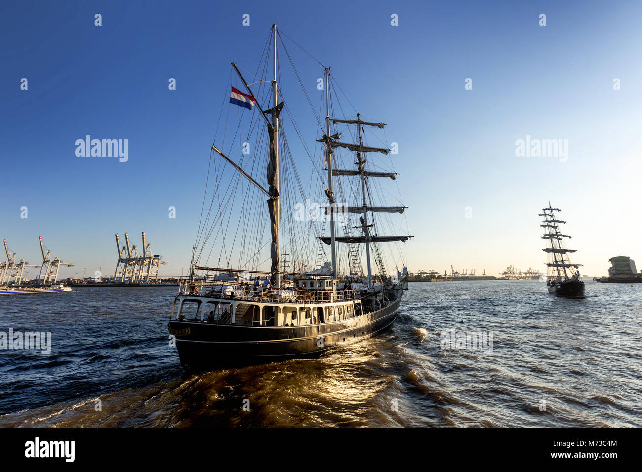 Three master sailing ship on the river Elbe in Hamburg sailing towards ...