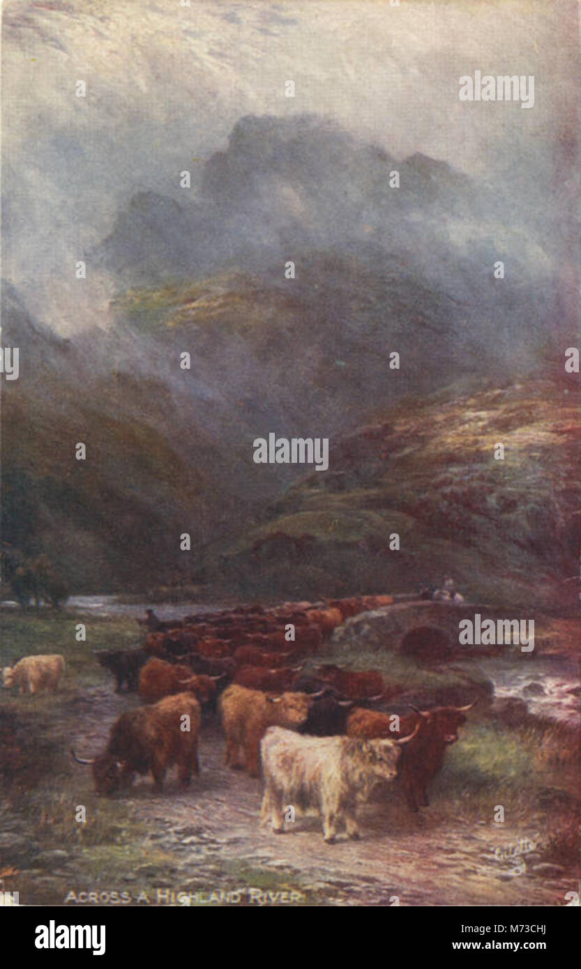 The image depicts a scenic view across a highland river, capturing the ...