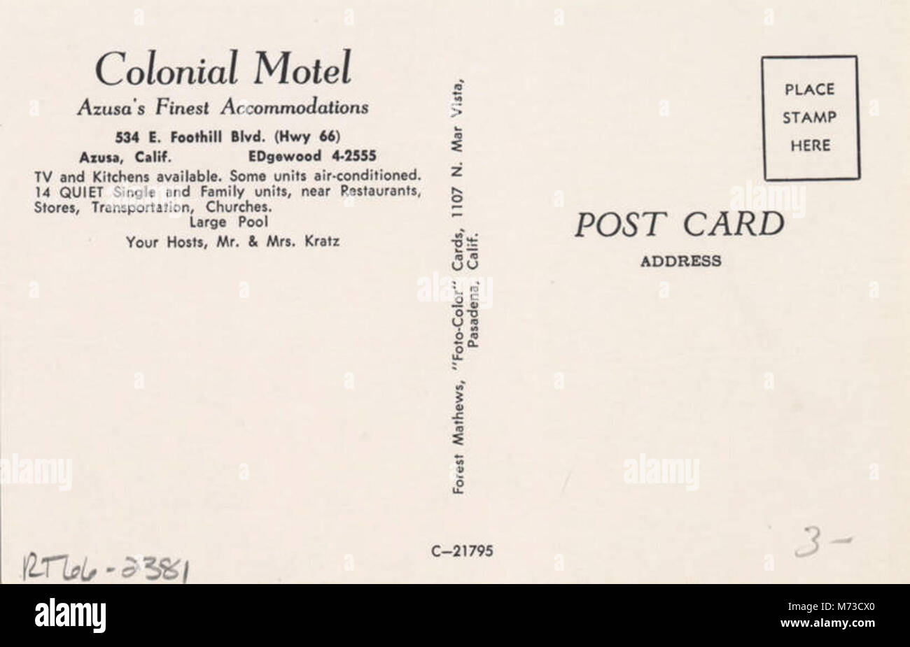This image features the Colonial Motel, owned by Mr. and Mrs. Kratz ...