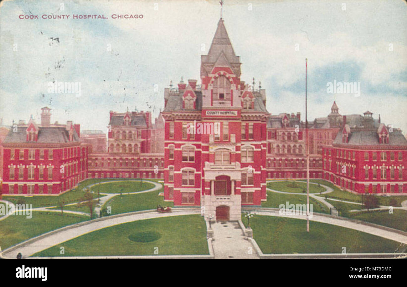 A historic photograph of Cook County Hospital, known for its medical ...