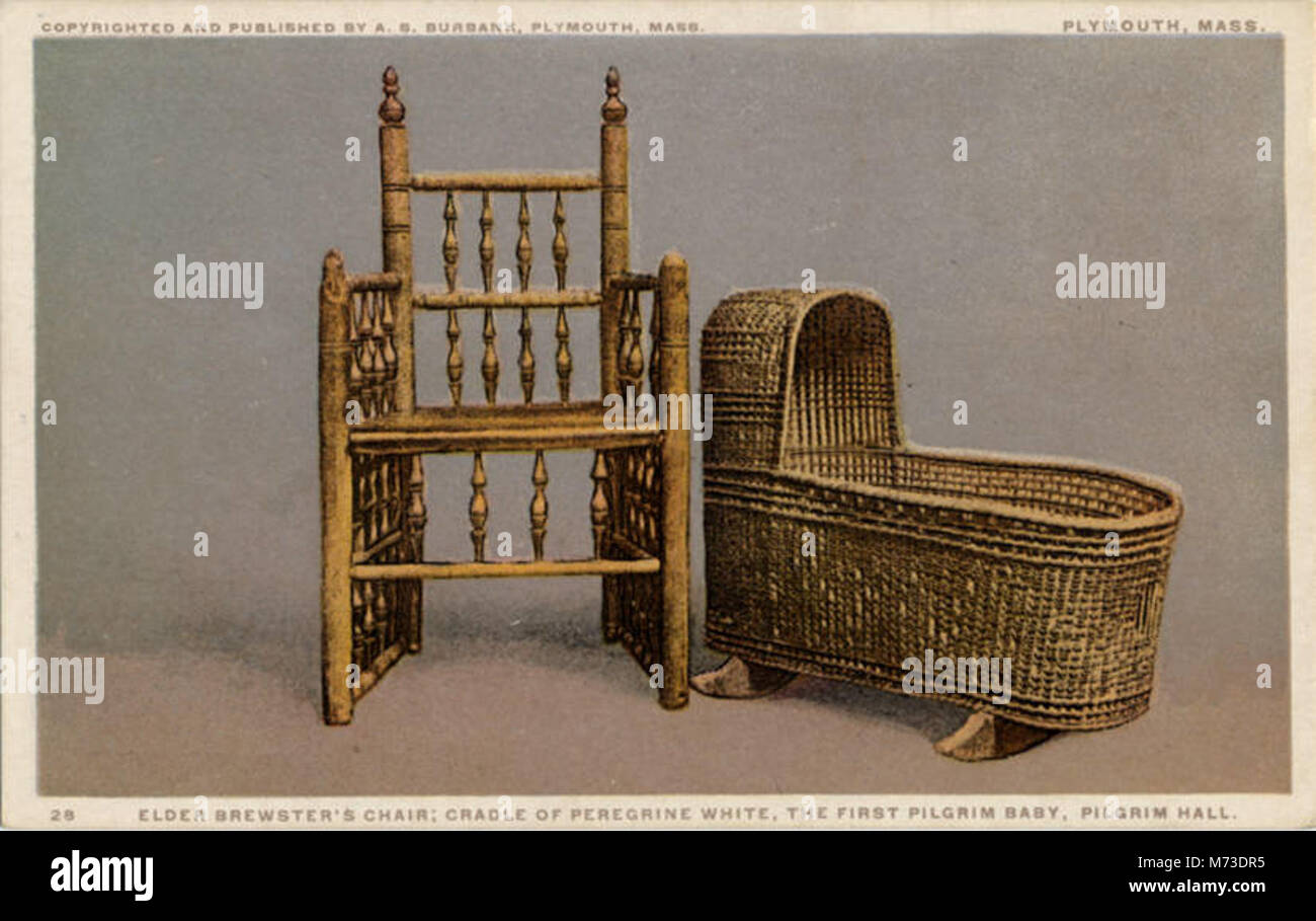 This image showcases Elder Brewster's chair and the cradle of Peregrine ...