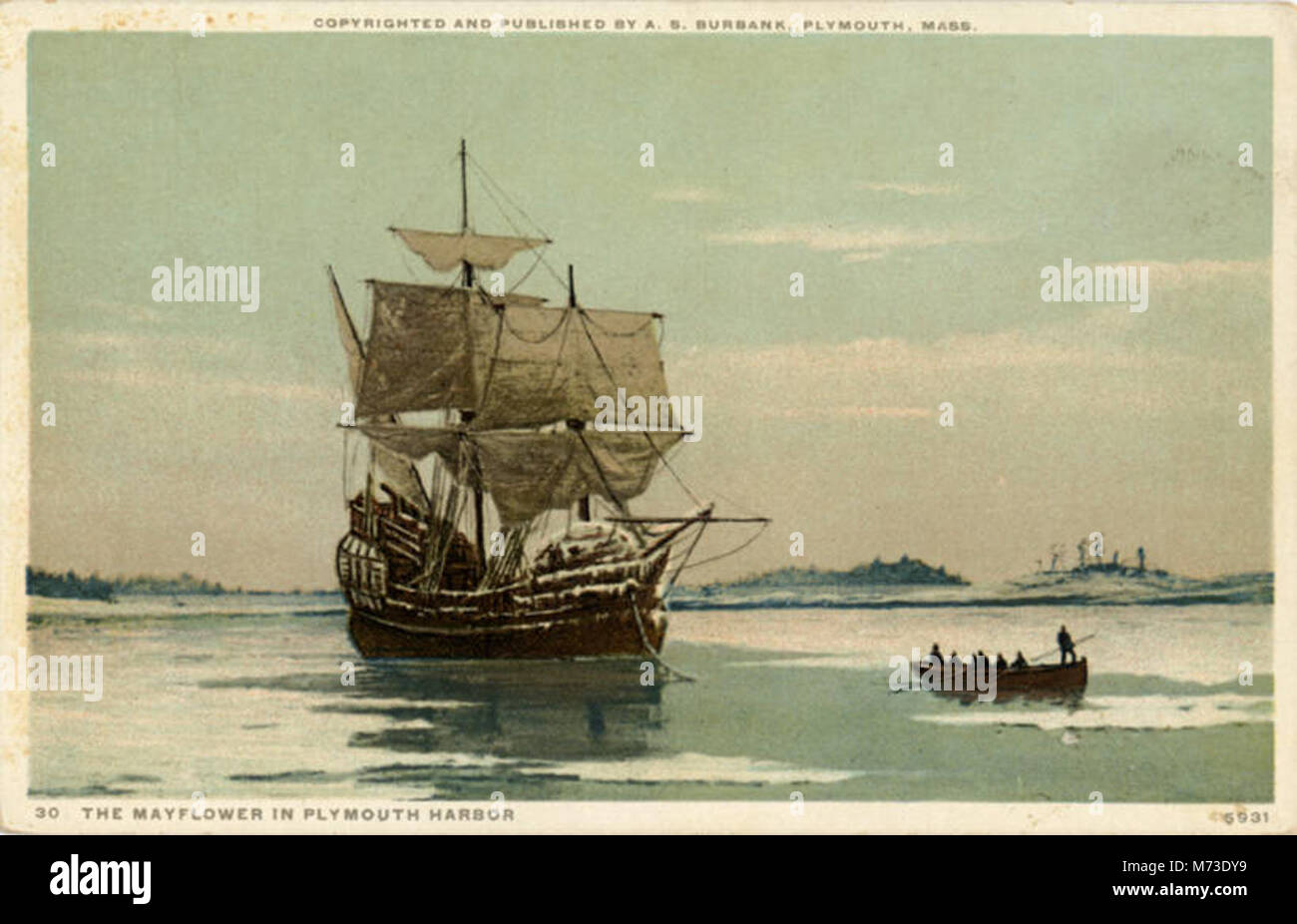 The Mayflower anchored in Plymouth Harbor, capturing the historical ...